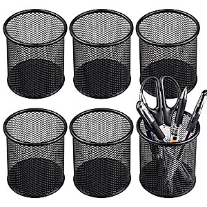 QYH Mesh Pen Cup Metal Pencil Holder for Desk 6 Packs Black Pen Organizer Office 3.54x3.93 Inch