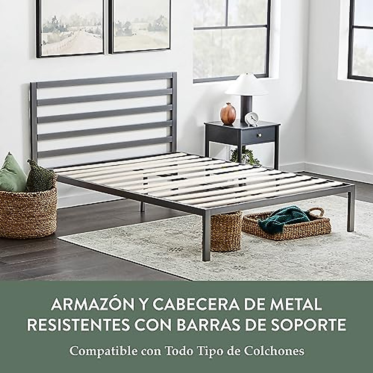 Edenbrook Cassidy Metal Platform Bed Frame with Metal Headboard - Box Spring Not Required - Wood Slat Support, Grey, Queen