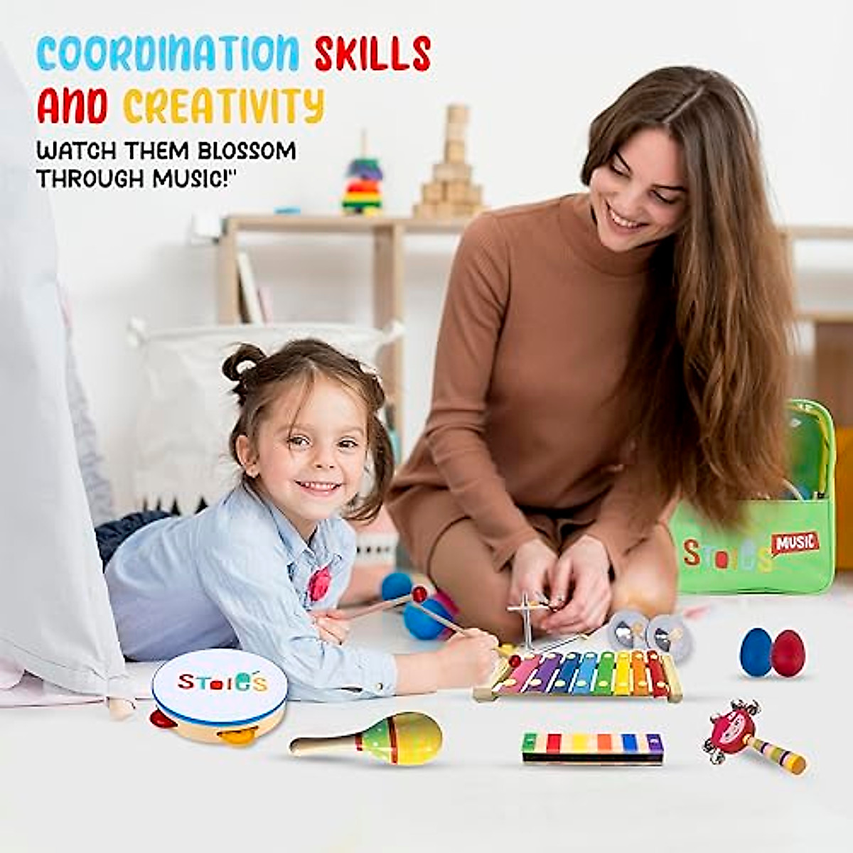 Stoie's Kids Musical Instruments Set for Toddler Ages 1-3, 3-5 - Baby Wooden Percussion Musical Toys for Little Boys & Girls - with Xylophone and Maracas, Drum, Cymbals