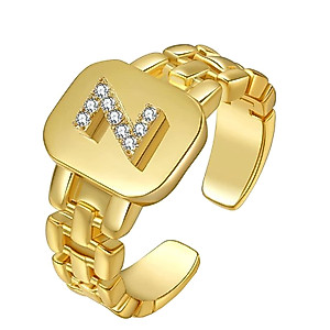 HUASAI Z Initial Ring for Women Gold Ring with Initial Letter Open Ring Chunky Adjustable Alphabet Ring for Men(Z)