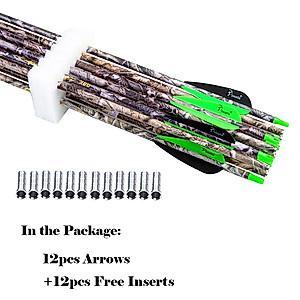 Pinals Archery 28" 30" 300 340 350 400 Spine Carbon Hunting Arrows for Compound Recurve Bow Practice Target 30 Inch Camo Arrow Shaft Pack of 12PCS Green 340