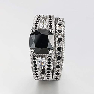 Double Fair White or Black Gold Plated Cushion Cut Black CZ Stone Engagement Promise Anniversary Ring Sets For Women (Silver, 8)