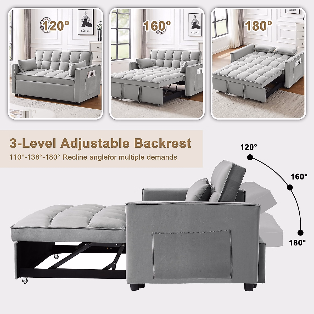 SumKea 55'' 3-in-1 Sleeper Loveseat 2-Seater Pull Out Couch, Velvet Futon Adjustable Backrest, Reclining Sofa Bed with Pillows, Pockets, Perfect for Small Spaces, Living Room Furniture, Grey