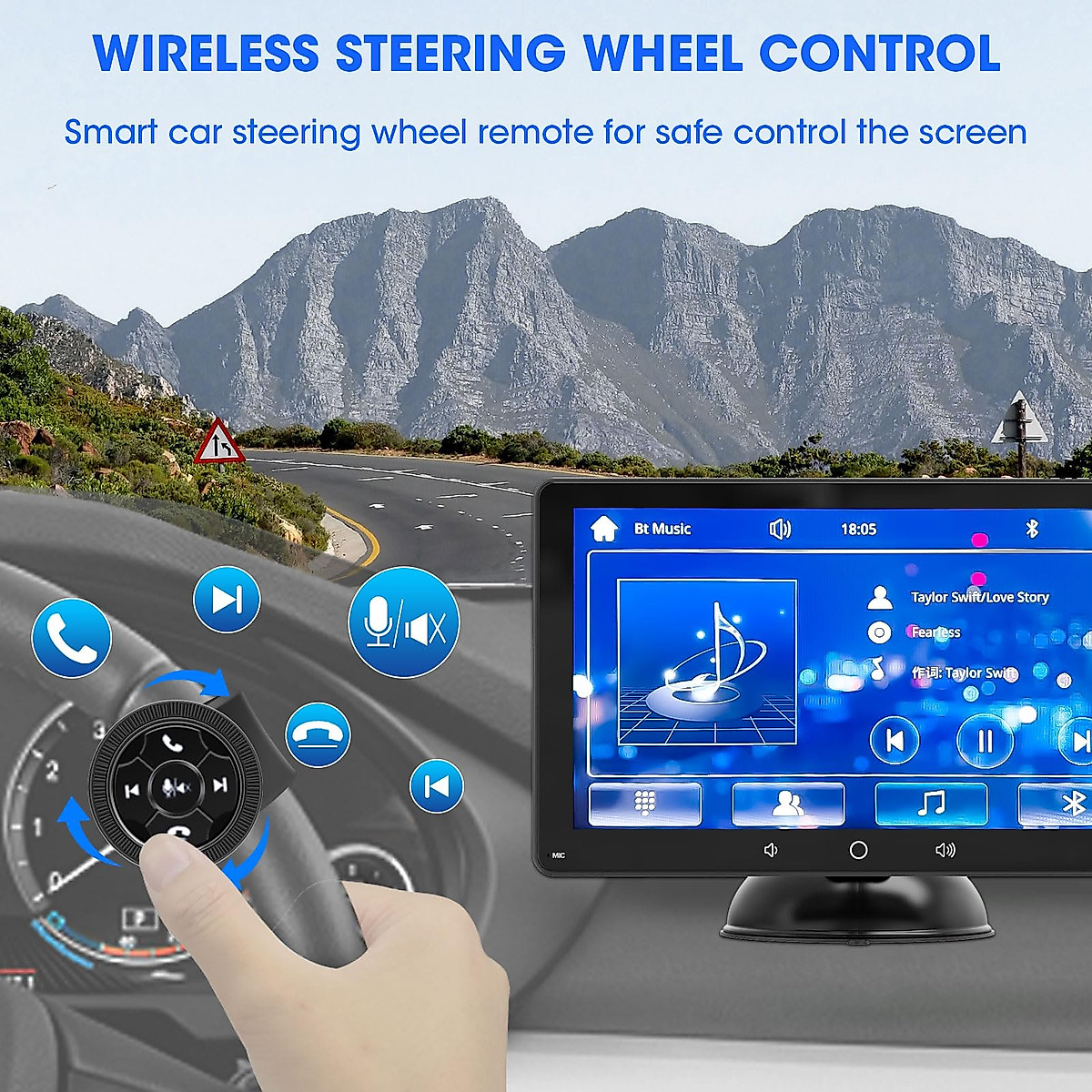 Wireless Apple CarPlay Android Auto: Portable 7 Inch QLED Touch Screen Car Stereo - Bluetooth 5.0 Mirror Link Steering Wheel Control Voice Assistant GPS Navigation
