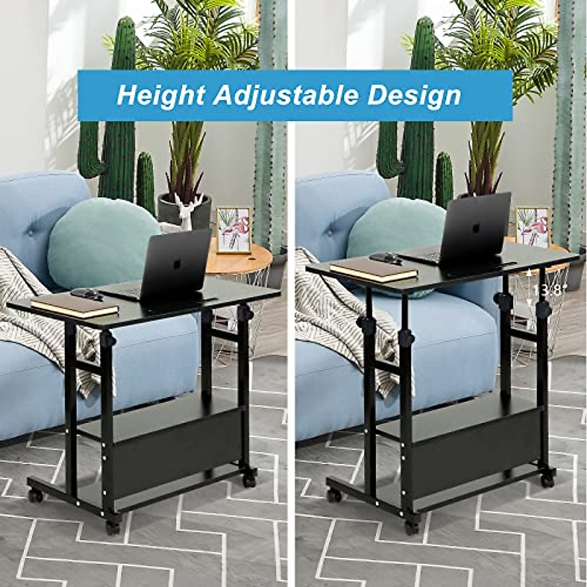Home Office Desks Standing Adjustable Height Small Laptop Desk with Storage for Small Spaces Computer Table for Couch Bedrooms Mobile Rolling Portable Student Desk on Wheels Modern Uplift Black Desk