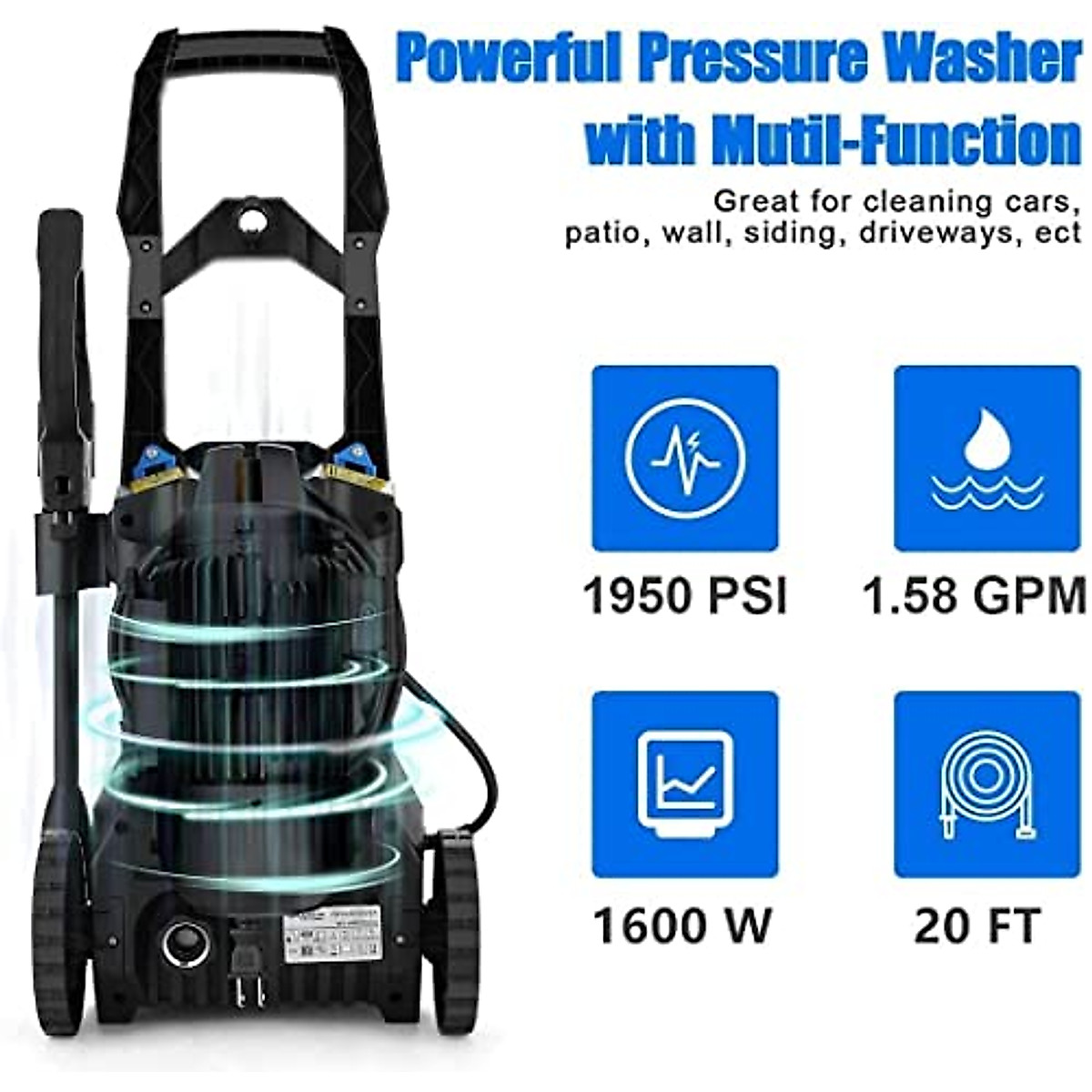WHOLESUN WS 3000 Electric Pressure Washer, 1.58GPM 1600W High Power Washer Machine with Spray Gun & 4 Nozzles for Cars, Homes, Driveways, Patios