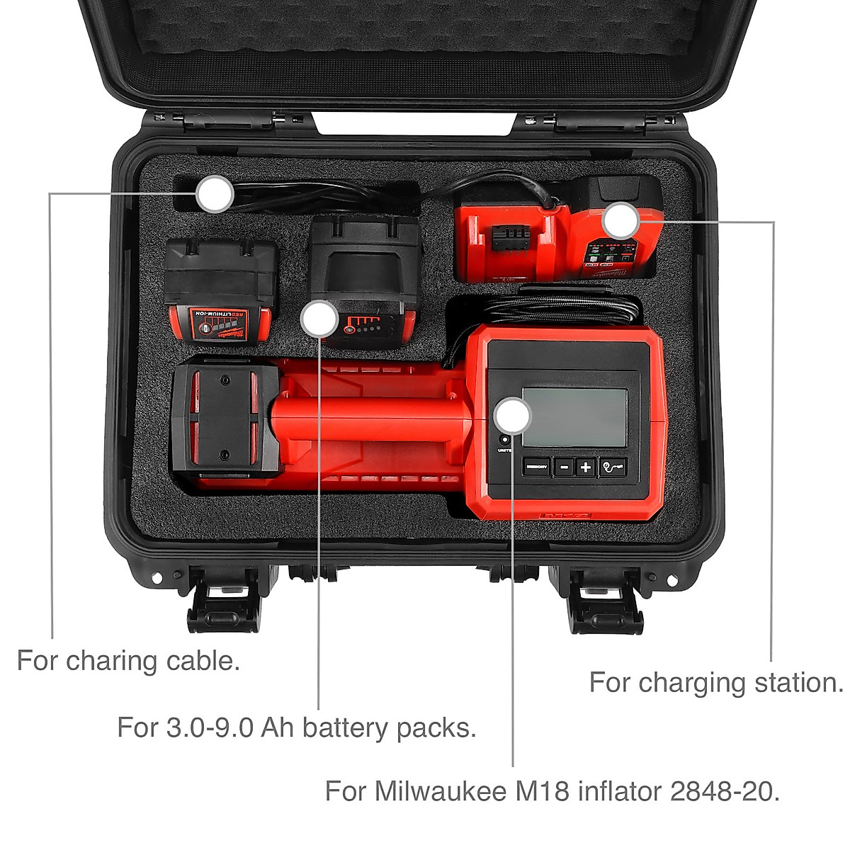 ZENACCE Waterproof Hard Case Compatible with Milwaukee M18 Inflator 2848-20, Air Compressor Carrying Case for Milwaukee Tools, Can Hold 18V 3.0 to 9.0 Ah Battery Packs and Charging Station