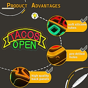 Tacos Open Neon Signs for Wall Decor, LED Taco Neon Light for Mexican Restaurant Decor, Taco Food Light Coffee Bar Restaurant Welcome Sign, Gifts for Taco Lover
