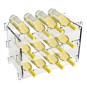 Stackable Modular Wine Rack 12 Bottle, Transparent Acrylic Plastic Free Standing Floor 3-Tier Display Small Wine Holde for Home Kitchen Bar Cabinets Dining Room Living Room