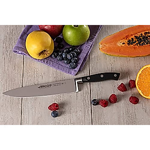 ARCOS Chef Knife 8 Inch Stainless Steel. Professional Cooking Knife for Cutting Fish, Meat and Onion. Ergonomic Polyoxymethylene Handle and 200mm Blade. Series Riviera. Color Black