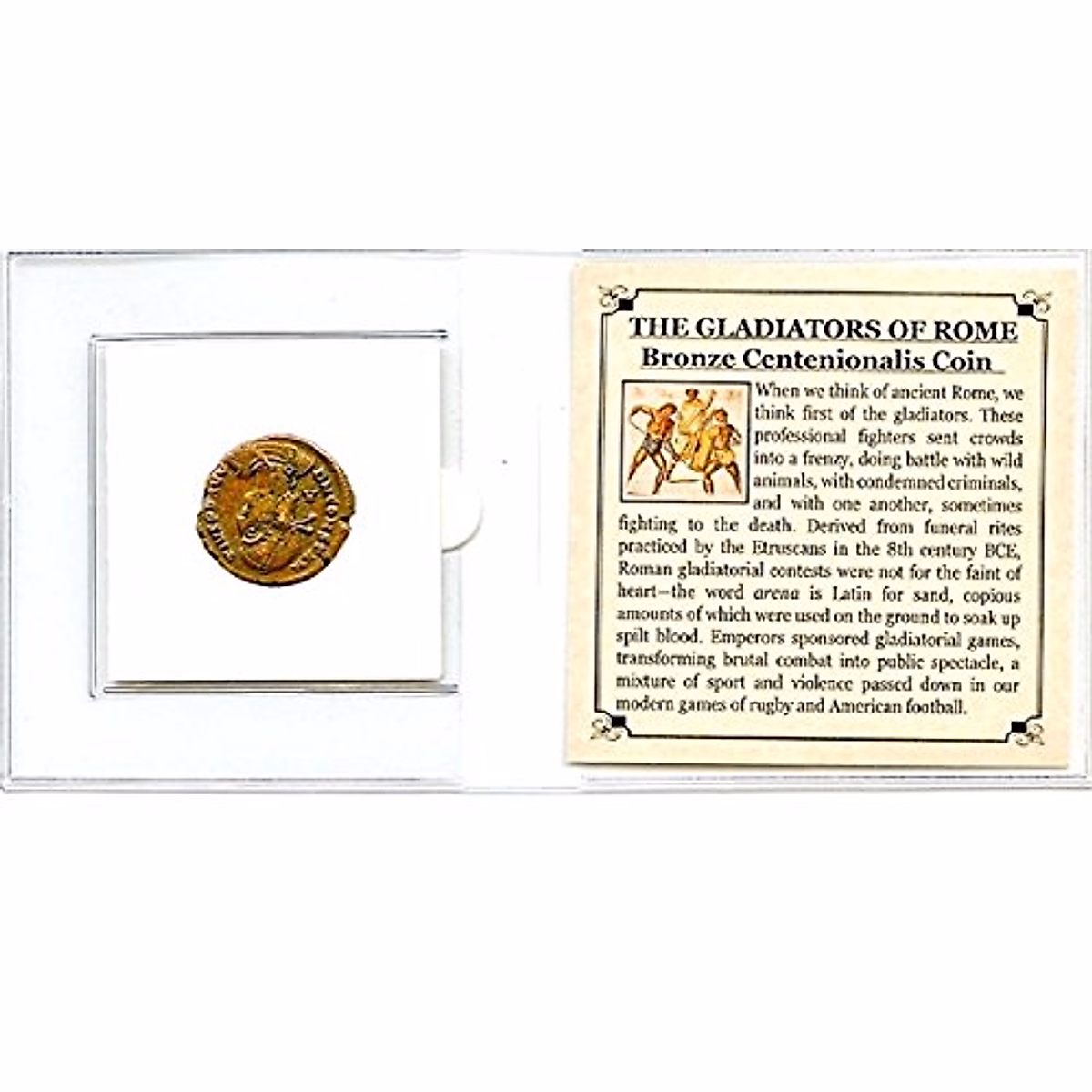 300 IT Roman Centenionalis Constantius II Gladiator Coin Mini Album,Story Card & Certificate 18mm Very Good
