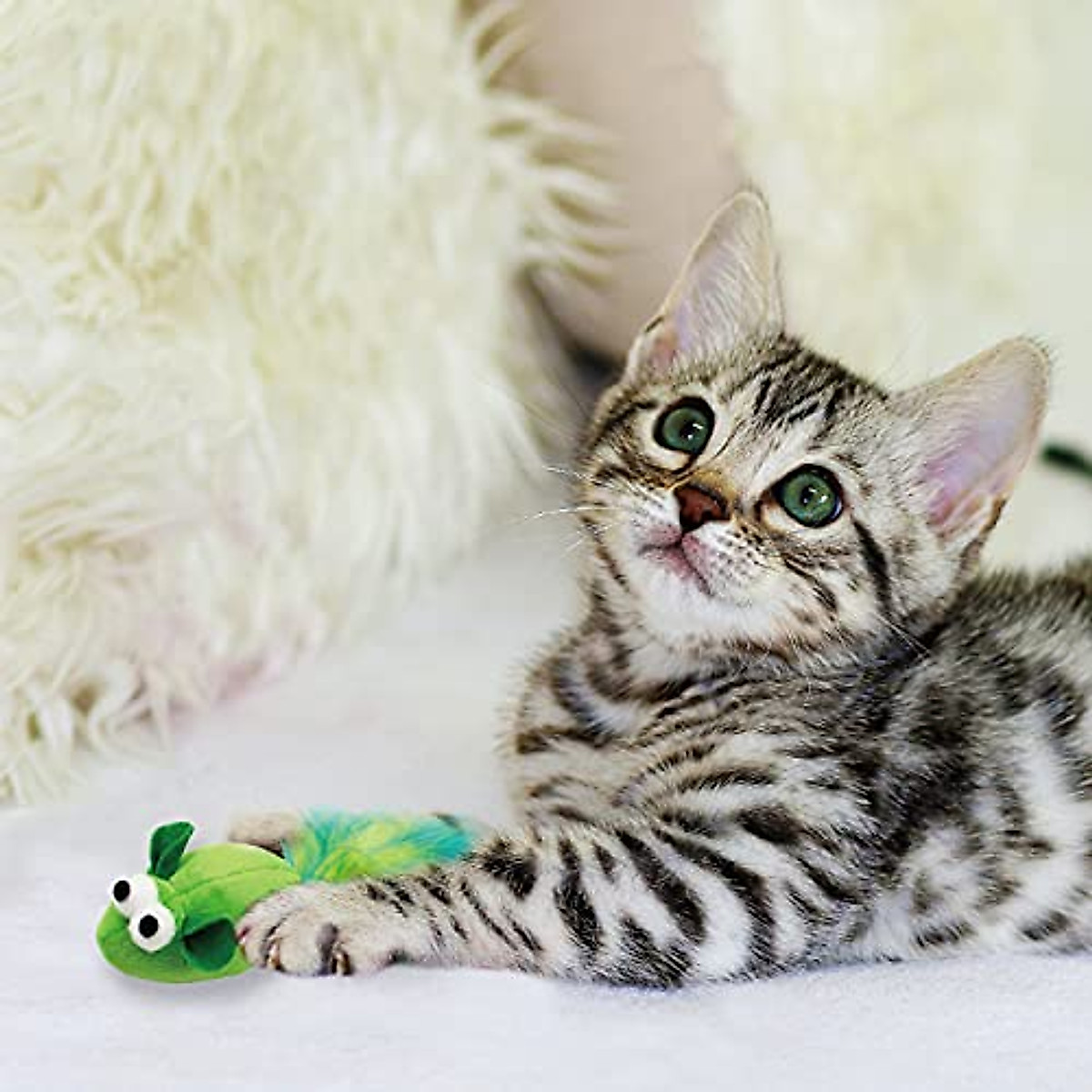 Jumpaws 5 Pack Interactive Catnip and Feather Cat Toys, Multi-Colored Mice with Long Feather Tail, Accessories for Indoor Cat, Catnip Plush Toys with Natural Feathers and Rattles