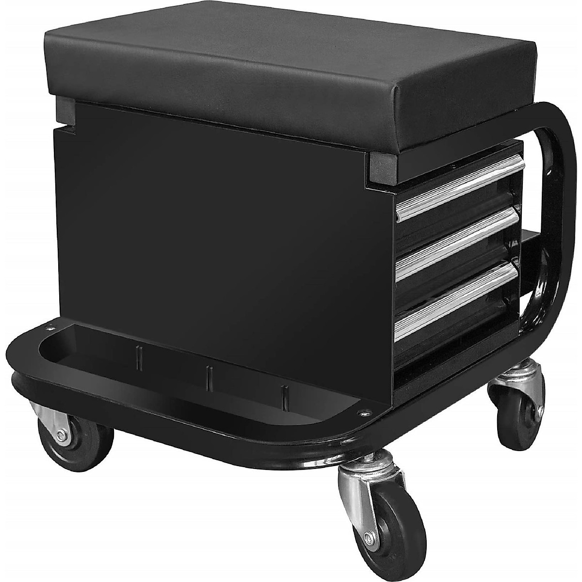 TCE Rolling Creeper Garage/Shop Seat with Three Built-in Drawers,Padded Mechanic Stool Creeper Seat,Black,APD2016AU