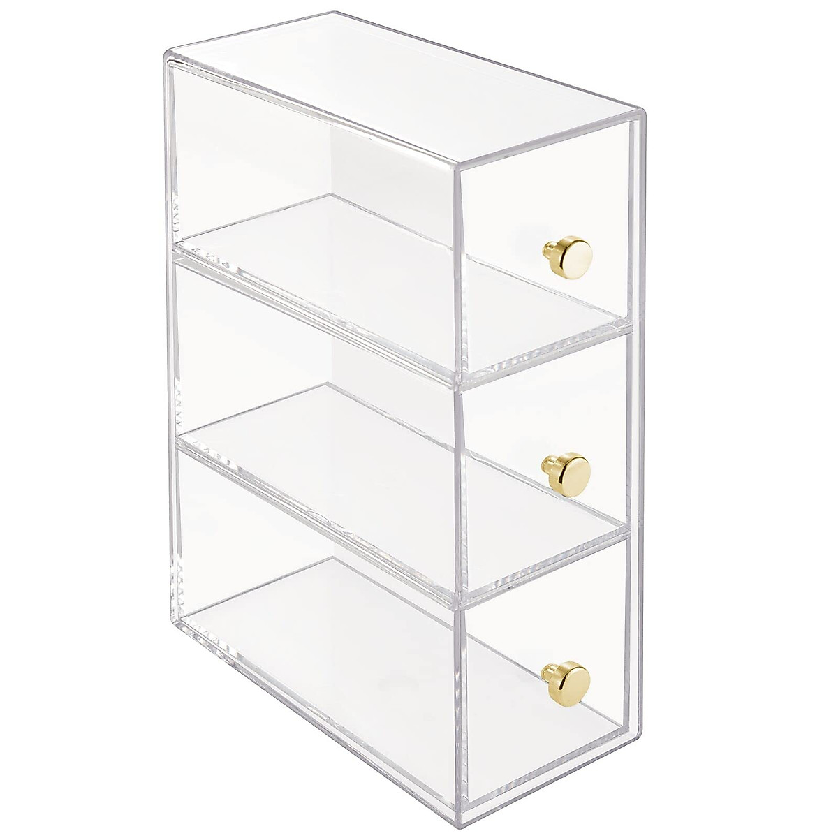 mDesign Plastic Kitchen Pantry Stackable Storage Organizer Container Station with 3 Drawers for Cabinet, Countertop, Holds Coffee, Tea, Sugar Packets, Creamers, Drink Pods, Packets - Clear/Soft Brass
