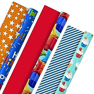 Hallmark All Occasion Reversible Wrapping Paper (3 Rolls: 75 sq. ft. ttl) Colorful Balloons, Stars on Orange, Cupcakes, Blue Stripes, Solid Red for Kids Birthdays, Graduations, Celebrations