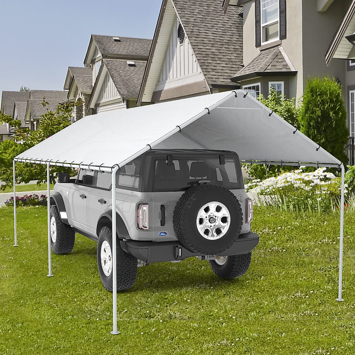 10 x 20 Ft Carport Replacement Canopy Cover Garage Top Tent Shelter Tarp with Free 48 Ball Bungee Cords,White(Only Cover, Frame Not Include)