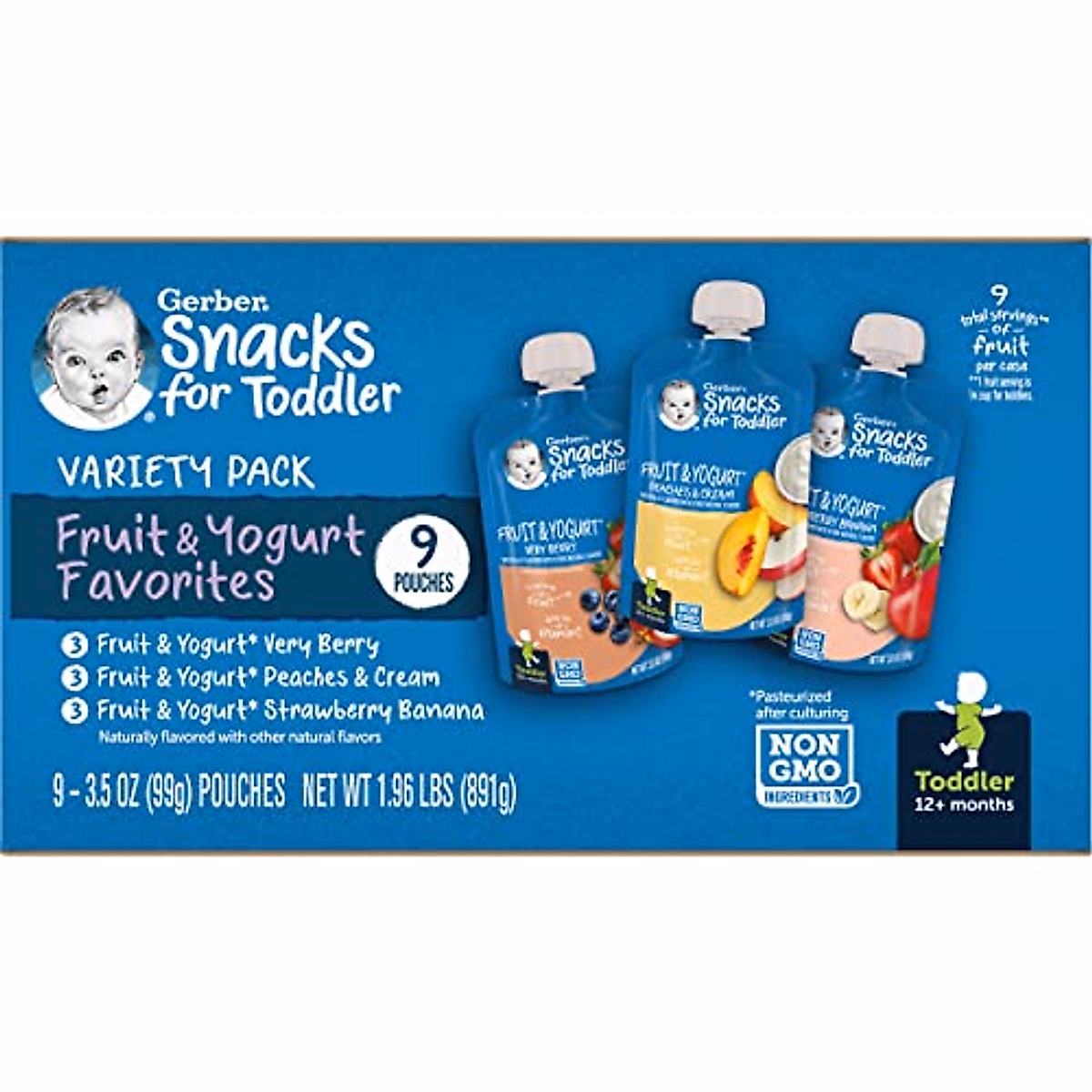 Gerber Baby Food Pouches, Very Berry (3), Peaches & Cream (2), Strawberry Banana (2), Value Pack, Fruit and Yogurt, Toddler, (3.5 oz each), (Pack of 9)