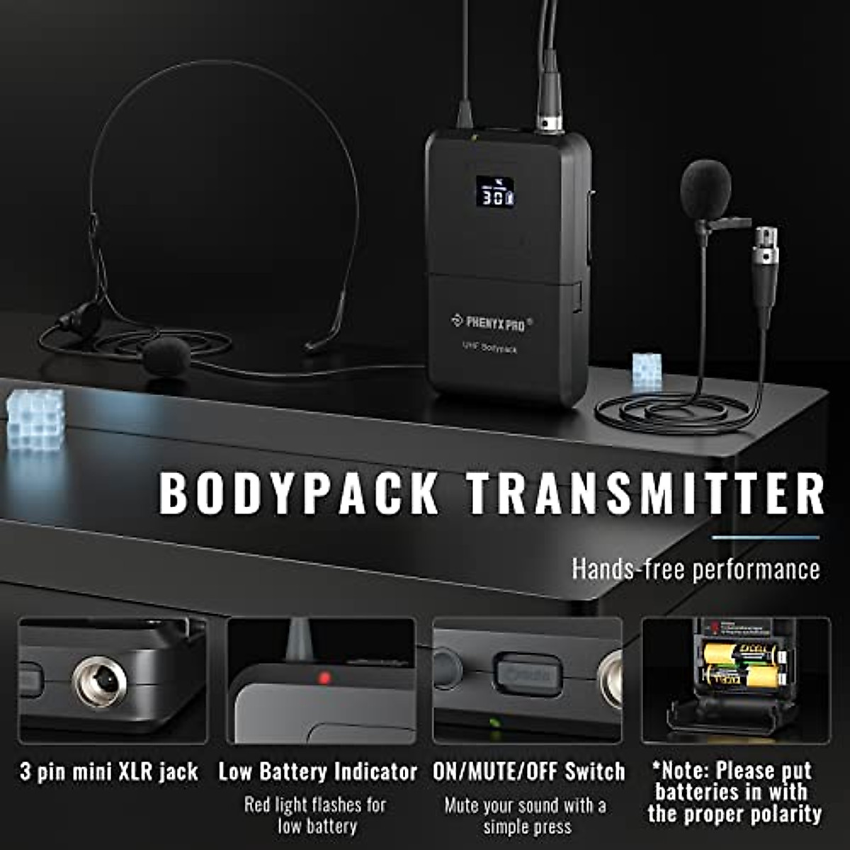 Phenyx Pro Wireless Microphone System, Dual Mic Set with Handheld/Bodypack/Lapel Mics,Auto Scan, 2x100 UHF Frequencies,328ft Range,Cordless Microphone for Singing, Karaoke, Church(PTU-71-1H1B)