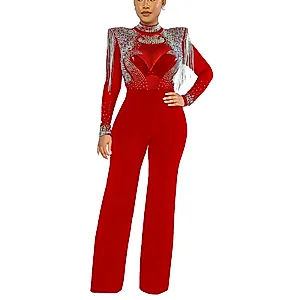 Molilove Women's Sexy Jumpsuit Elegant Long Sleeve Bodycon Sheer Mesh See Through Rhinestone Casual Loose Jumpsuits
