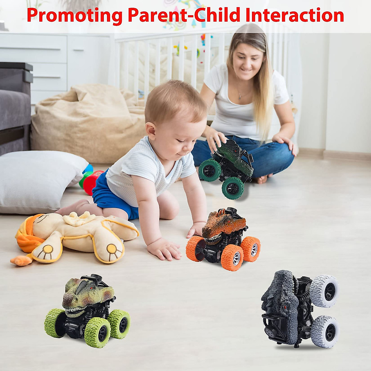 4 Pack Monster Truck Toys for Boys, Toddler Pull Back Cars Friction Powered Cars for Kids, Dinosaur Toys for 3 4 5 6 Year Old Boys Girls Christmas Birthday Party Gift for Kids