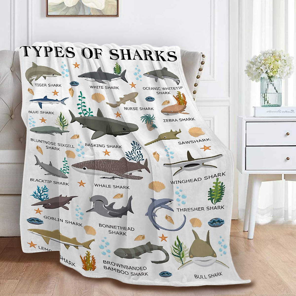 Shark Blanket Shark Gifts for Kids Boys Girls Shark Lovers Types of Sharks Plush Cozy Flannel Cute Animal Educational Throw Sheet 50" X 40" Decor for Couch Daycare Nap Birthday Decorations Bedroom