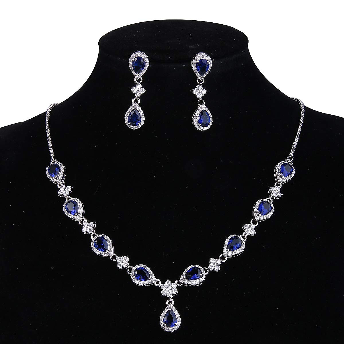 EleQueen Women's Silver-Tone Cubic Zirconia Teardrop Flower Bridal V-Necklace Sets Tennis Bracelet Dangle Earrings Sapphire Color