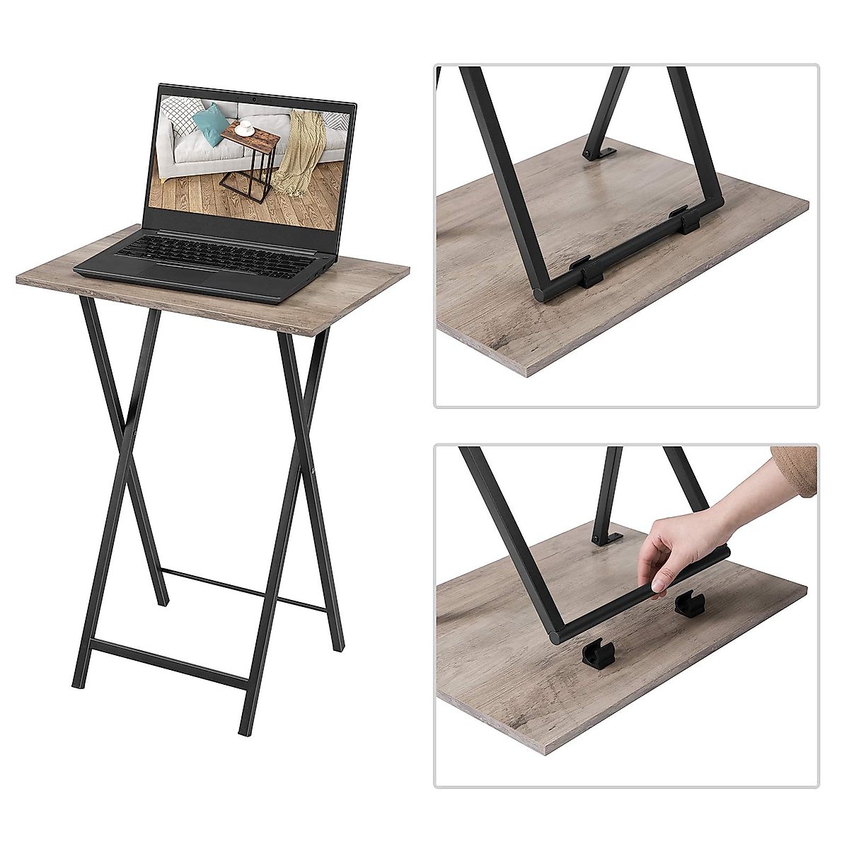 HOOBRO Folding TV Tray Tables, Set of 2 Side Table for Small Space, Industrial Snack Tables for Eating at Couch, Stable Metal Frame, Easy Assembly, Space Saving, Greige and Black BG25BZ01