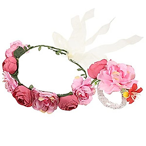 ifundom flower crown and wrist band adjustable flower crown Hair Wreath flower Headband Garland Wristband corsage wristlet floral crown Korean bride headband Miss fabric hawaii 1 Set