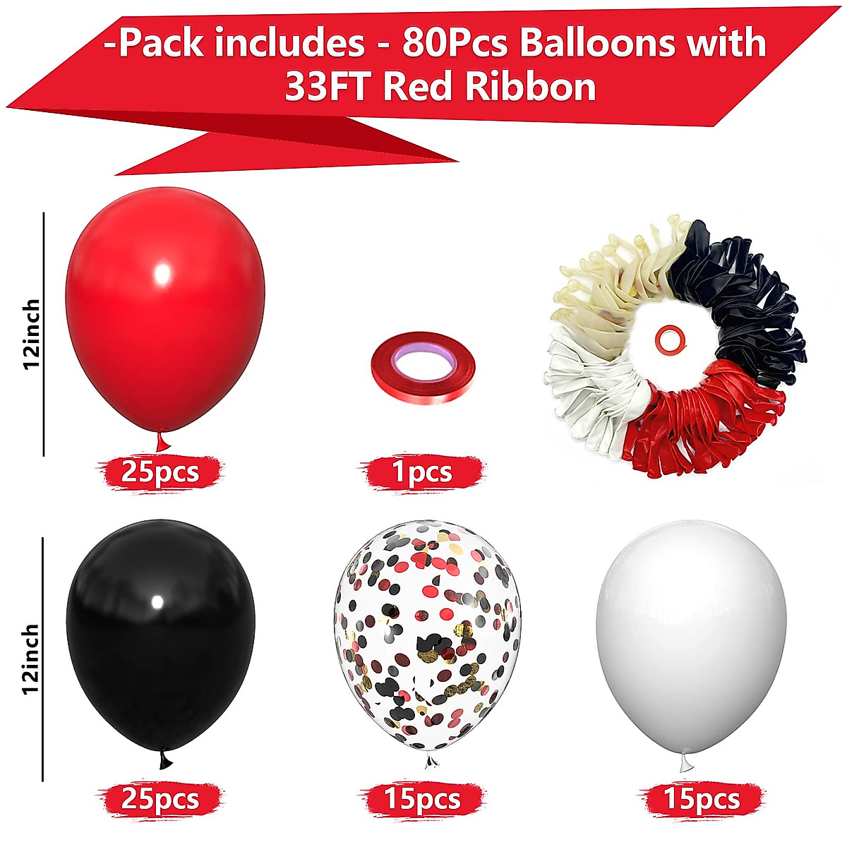 Red and Black Balloons Kelfara 80Pcs 12 inch Matte Black Red White and Confetti Latex Balloon Bulk for Birthday Party Bridal Shower Wedding Engagement Anniversary Bachelor Theme Graduation Decorations