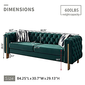 Akrenar Modern Sofa Couches for Living Room, 84 Inches Velvet Button Tufted Couch Upholstered Sofa with 2 Pillows and Metal Legs Decor Furniture for Bedroom, Office (Green)