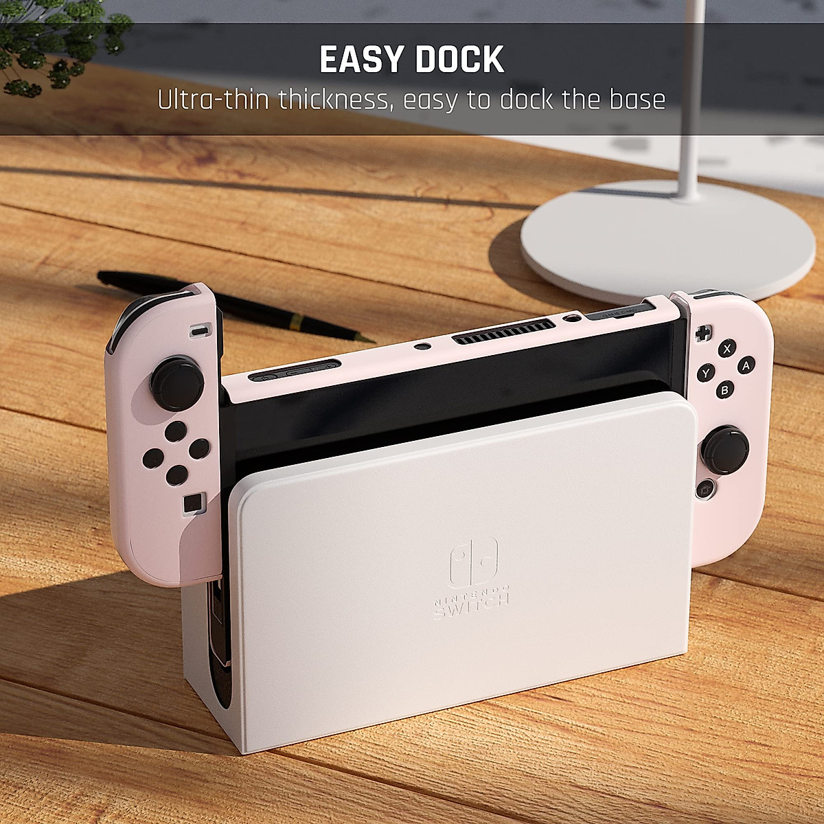 FUNDIARY Dockable Pink Case for Nintendo Switch OLED Model 2021 Skin, Accessories Cover for Switch OLED Console & Joycon with Screen Protector and 4 Thumb Grip Caps - Full Protection by Flip Shell