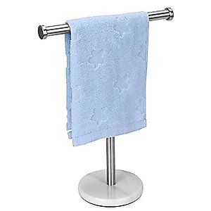 Kalitro Towel Rack with Natural Marble Base T-Shape Hand Towel Holder Stand SUS304 Stainless Steel for Bathroom Vanity Countertop Brushed Nickel Finish (Silver)