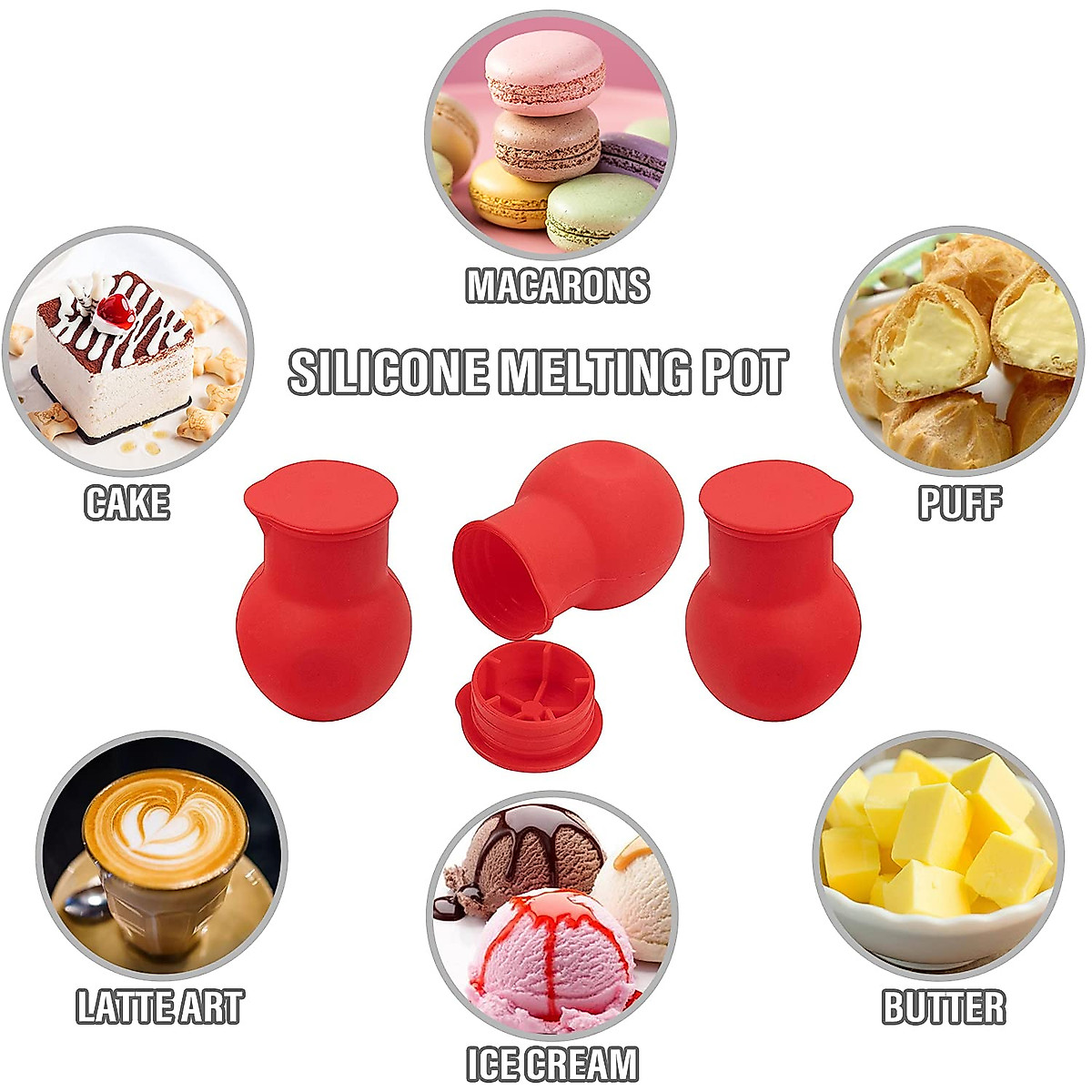 AUEAR, Set of 3 Silicone Melting Pot Chocolate Melt Pot Mold Red Microwave Butter Melter for Kitchen Baking Heat Milk Sauce