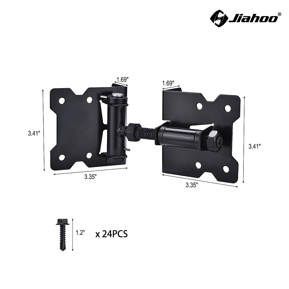 JIAHOO Self-Closing Gate Hinges Heavy Duty Door Hinges for Wooden/Vinyl/PVC Fences, 90 Degree Adjustable Gate Hinge Hardware Kit with Spring Adjuster Tool, Black(1 Pair-2 Hinges)