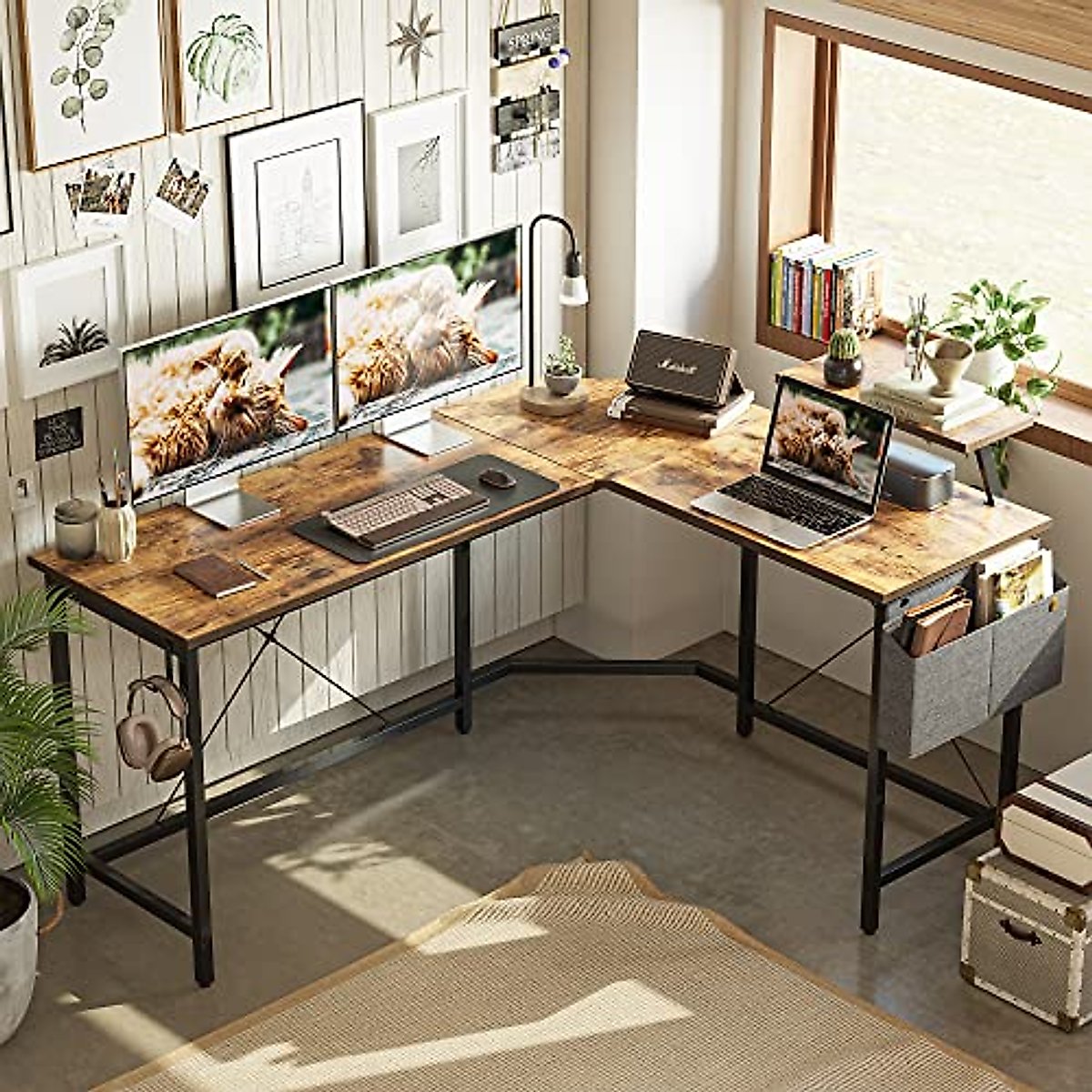 Cubiker Modern L-Shaped Computer Office Desk, Corner Gaming Desk with Monitor Stand, Home Office Study Writing Table Workstation for Small Spaces