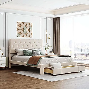 Queen Size Velvet Upholstered Platform Bed Frame with Headboard & Storage Drawer, Platform Bed with Sturdy Wooden Slats Support, No Box Spring Needed for Bedroom Small living Space (Beige, Queen)