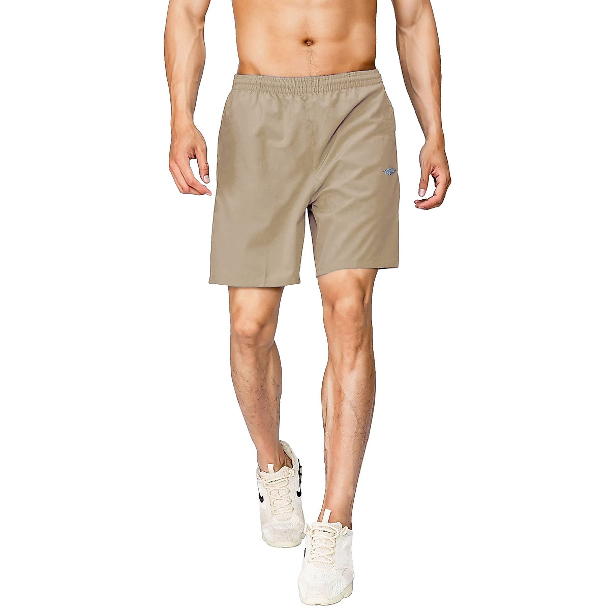 EXEKE Men's Quick Dry Running Shorts Lightweight Gym Workout Shorts with Zipper Pockets 252-3XL/Khaki 34-36