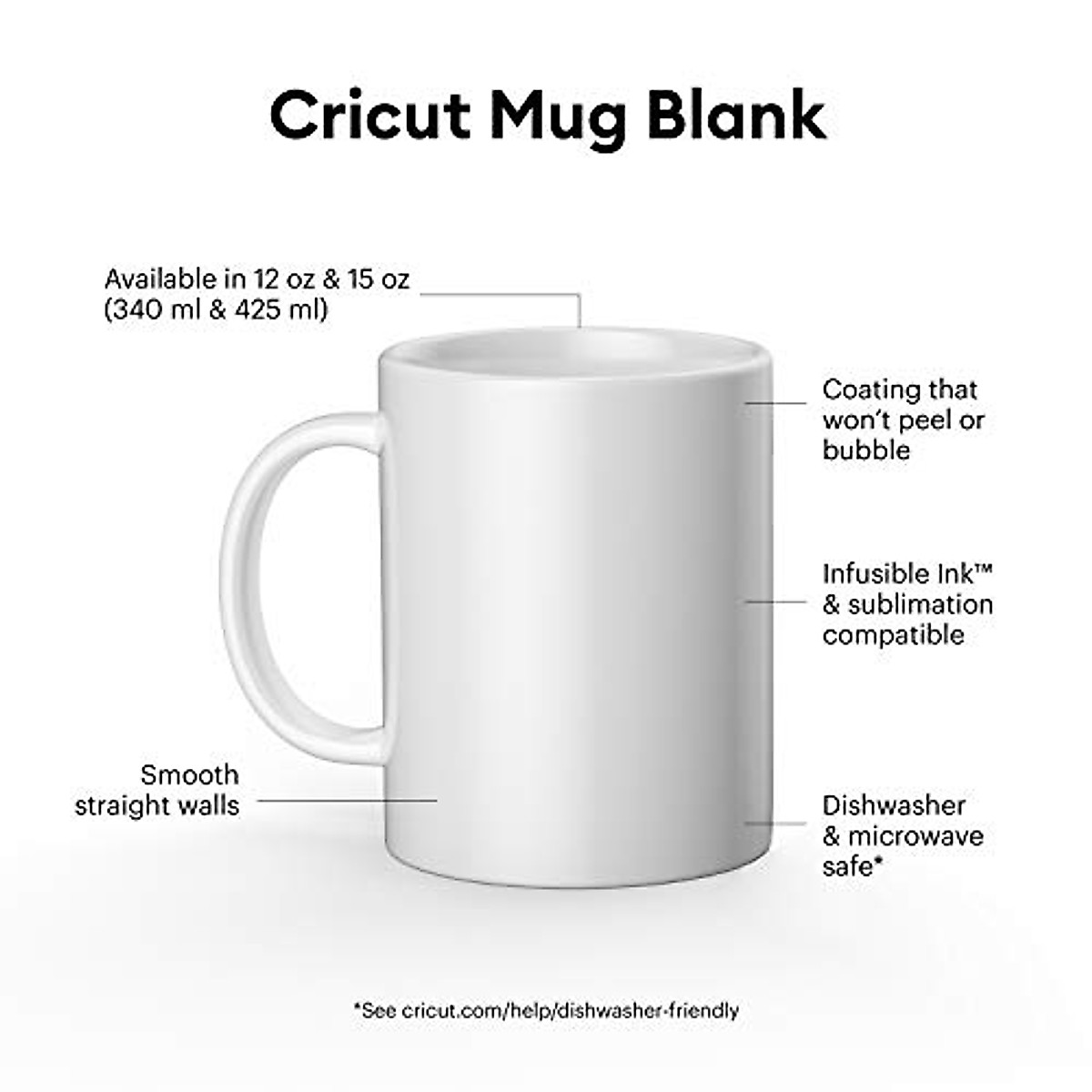 Cricut Beveled Blank, Ceramic-Coated, Dishwasher & Microwave Safe Mug to Decorate, Mug Press & Infusible Ink Compatible,12 Oz Sublimation, Ideal for Crafts and Printing, 6 Count, White