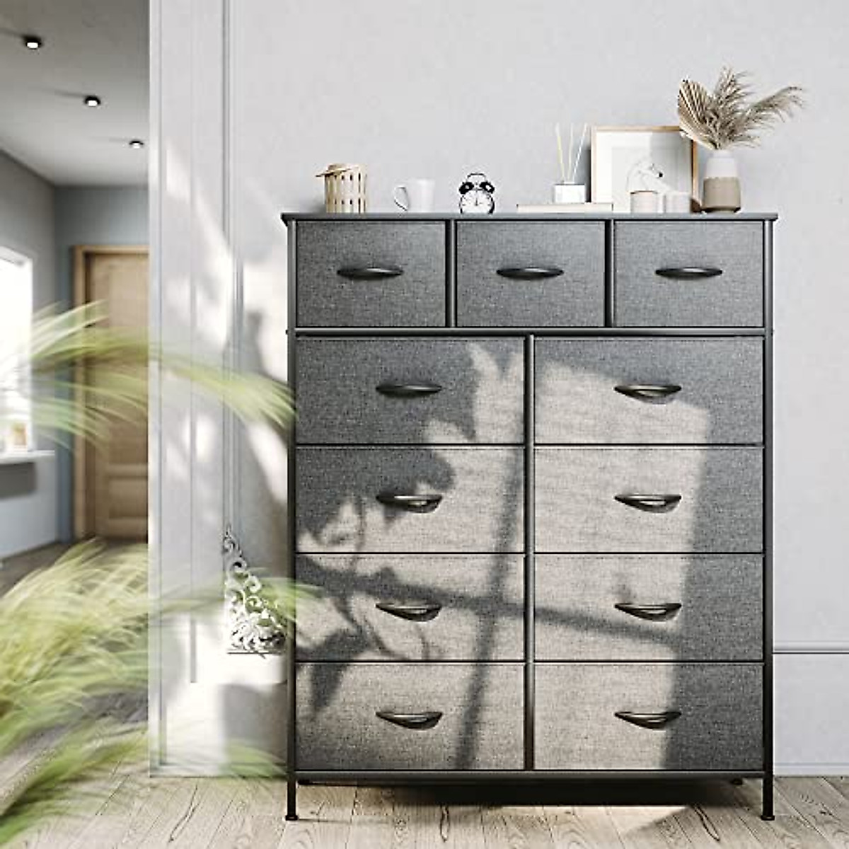 YITAHOME 11-Drawer Fabric Dresser, Dresser for Bedroom, Hallway, Nursery, Closets, Tall Chest Organizer Unit with Sturdy Steel Frame, Wooden Top, Cool Grey