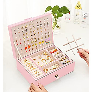Girls Jewelry Box for Earring Jewelry Organizer Box Womens Earring Box for Girls Earring Holder Organizer Stud Earring Jewelry Box for Necklace Ring Earring Organizer for Girls Earring Storage Pink