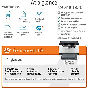 HP (Renewed) Laserjet M209dwe Single-Function Wireless Monochrome Laser Printer for Home Office - Print only - 30 ppm, 600 x 600 dpi, 8.5" x 14" Legal, Auto Duplex Printing, Ethernet