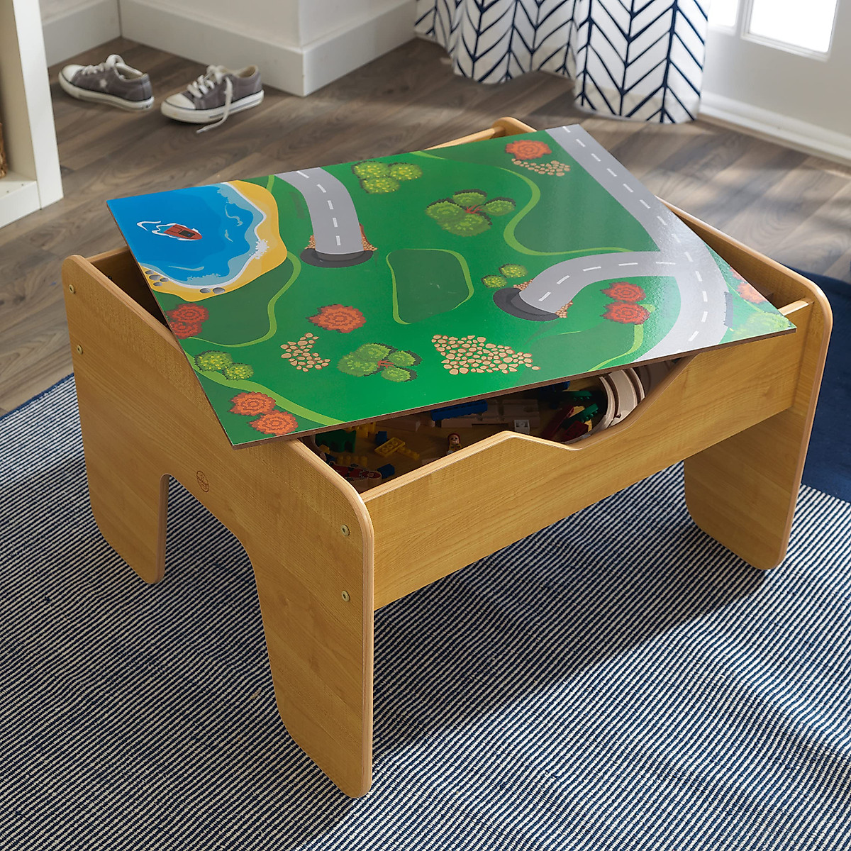 KidKraft 2-in-1 Reversible Top Activity Table with 200 Building Bricks and 30-Piece Wooden Train Set, Natural, Gift for Ages 3+