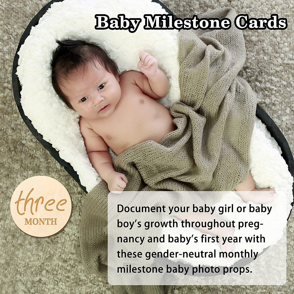 12 PCS Wooden Baby Monthly Milestone - Milestone Photo Cards, 1-12 Months Wood Milestone Disc Set, Birth Announcement Sign for First Year Picture Props, 4 inch Diameter