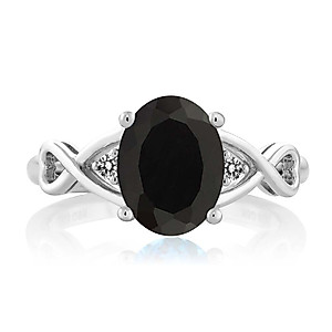 Gem Stone King 925 Sterling Silver Black Onyx and White Diamond 3-Stone Ring For Women (2.06 Cttw, Center: 9X7MM Oval, Gemstone Birthstone, Available In Size 5, 6, 7, 8, 9)