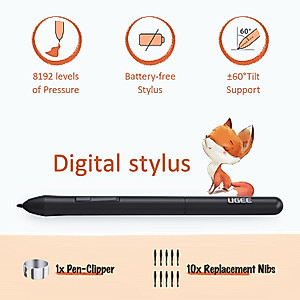 UGEE S640 Graphics Drawing Tablet, Digital Draw Art Pad with Pen Battery-Free Stylus Tilt Function 8192 Levels Pressure Sensitivity 10 Express Keys for Mac, Windows PC and Android