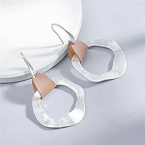 CrownUS Leather Hammered Earring Packs Boho for Women Ladies Silver Plated Irregular Geometric Dangle Drop Ear Jewelry