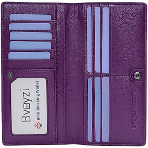 Bveyzi Ultra Slim Thin Leather RFID Blocking Credit Card Holder Bifold Clutch Wallets for Women (Purple)