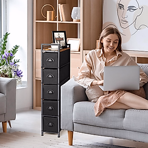 MOOACE Narrow Dresser with 5 Drawers, Slim Storage Chest Organizer Dresser for Bedroom - Storage Tower with Wood Top and Steel Frame for Bathroom, Living Room, Hallway, Black