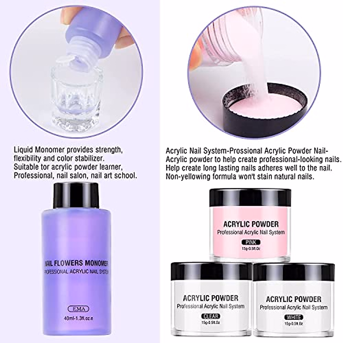 Acrylic Nail Kit Acrylic Powder and Liquid Set, Monomer Liquid Set with Nail Brush, Pink White Clear Nail Powder Kit for Acrylic Nails Extension Beginner Set