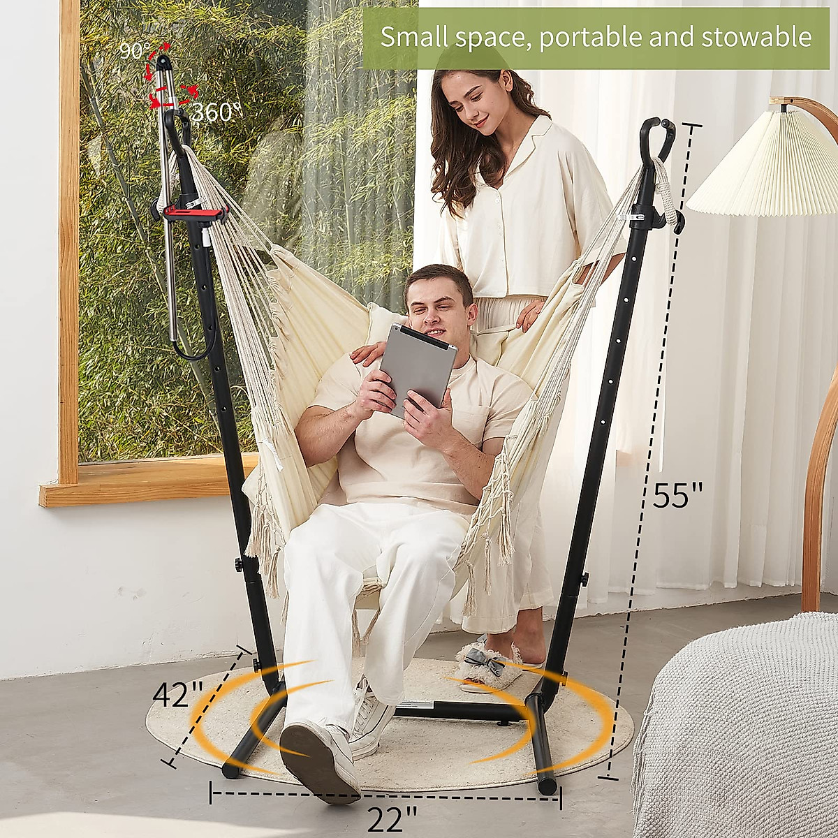 Hammock with Stand Phone Holder Included Double Hanging Chair Macrame Boho Handmade Adjustable Swing Indoor Outdoor Patio Yard Garden Porch 400lbs Capacity (2022 White)